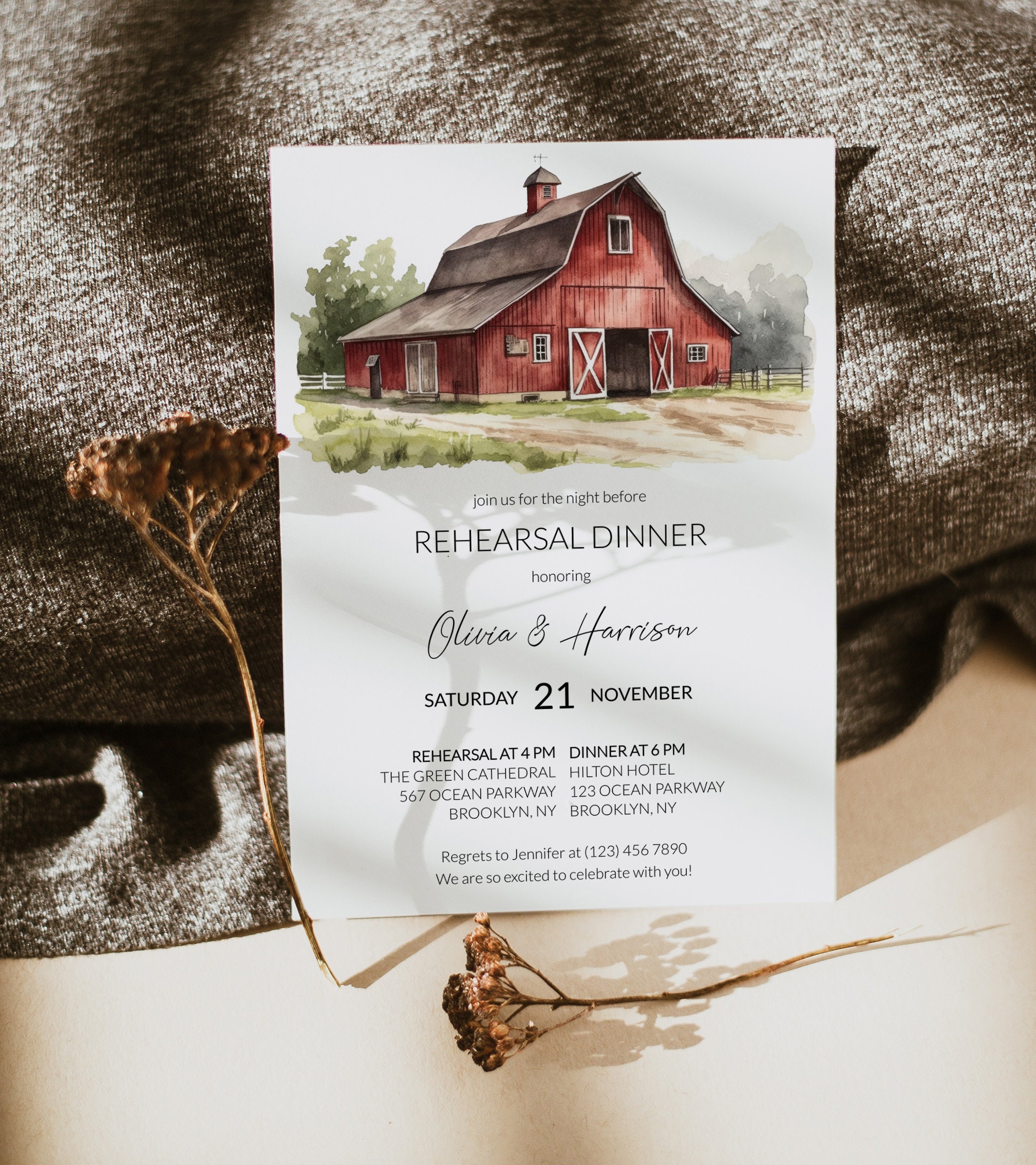 Watercolor Rustic Red Farm Barn Wedding Rehearsal Dinner Invitation ...