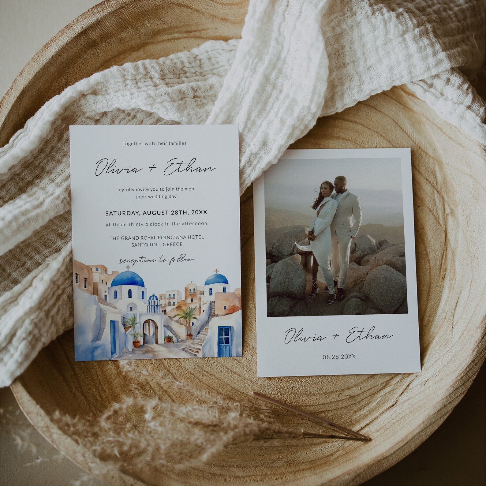 Watercolor Santorini Wedding Invitations Template, QR Code RSVP, Photo ...