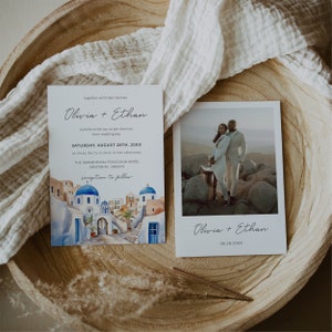 Watercolor Santorini Wedding Invitations Template, QR Code RSVP, Photo ...