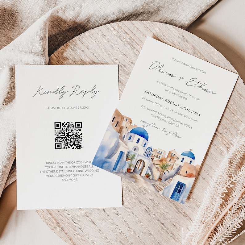 Watercolor Santorini Wedding Invitations Template, QR Code RSVP, Photo ...