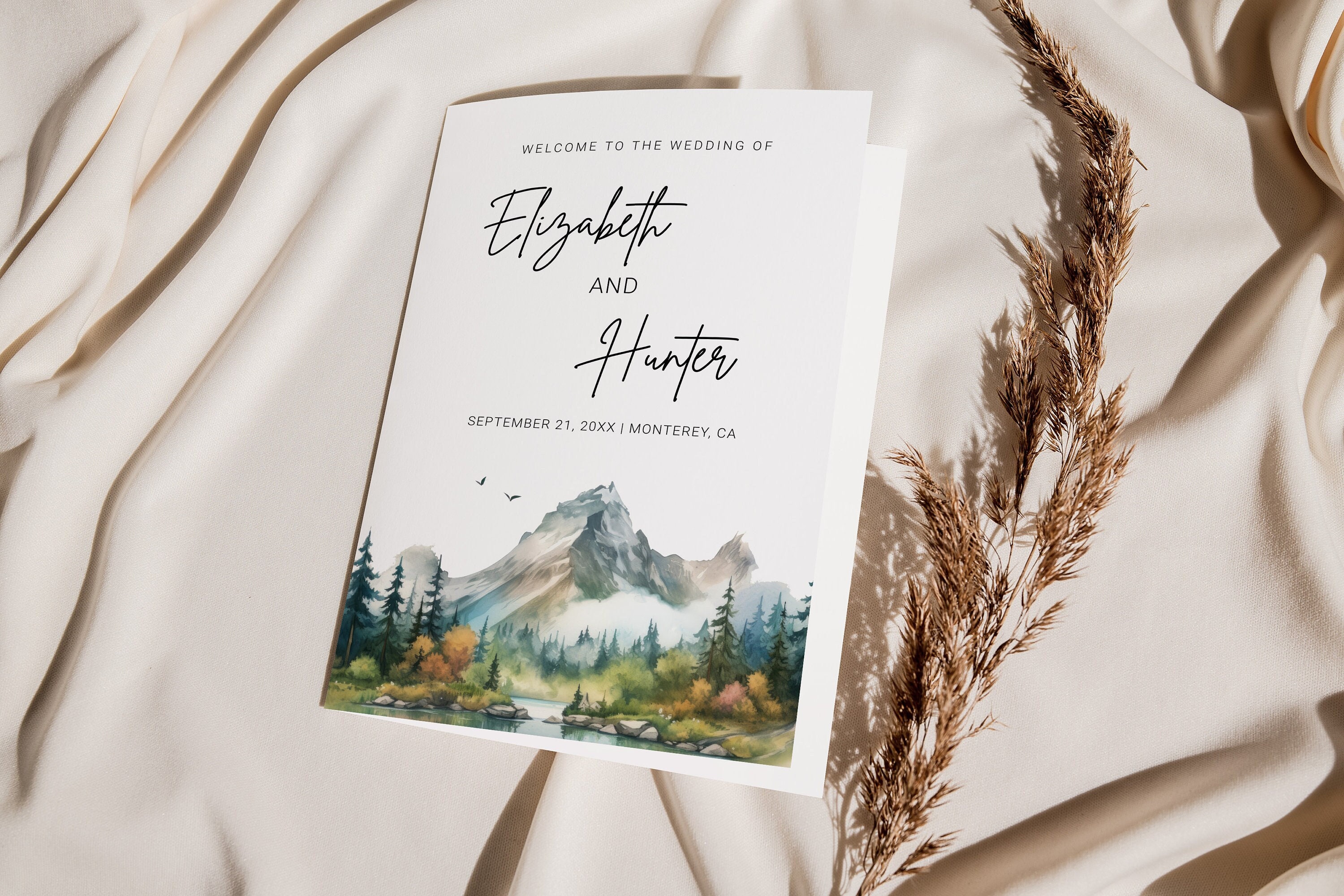 Mountain Forest Pine Tree Wedding Program & Timeline Template, Foldable Wedding Program ...