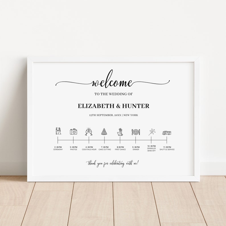 Minimalist Wedding Timeline Sign Template With Icons, Order of Events ...