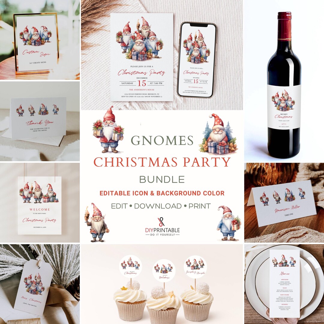 Editable Gnomes Christmas Party Bundle, Printable Christmas Party Decor ...