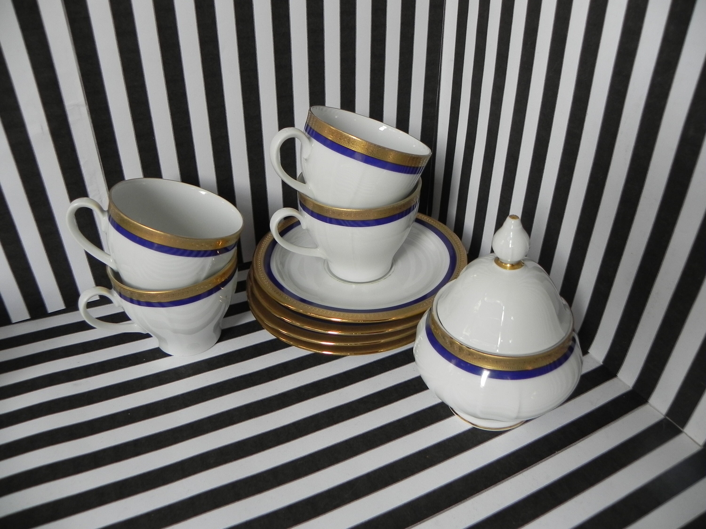 Vintage 1960's Eschenbach Tea Cups and Sugar Bowl. White With Cobalt ...