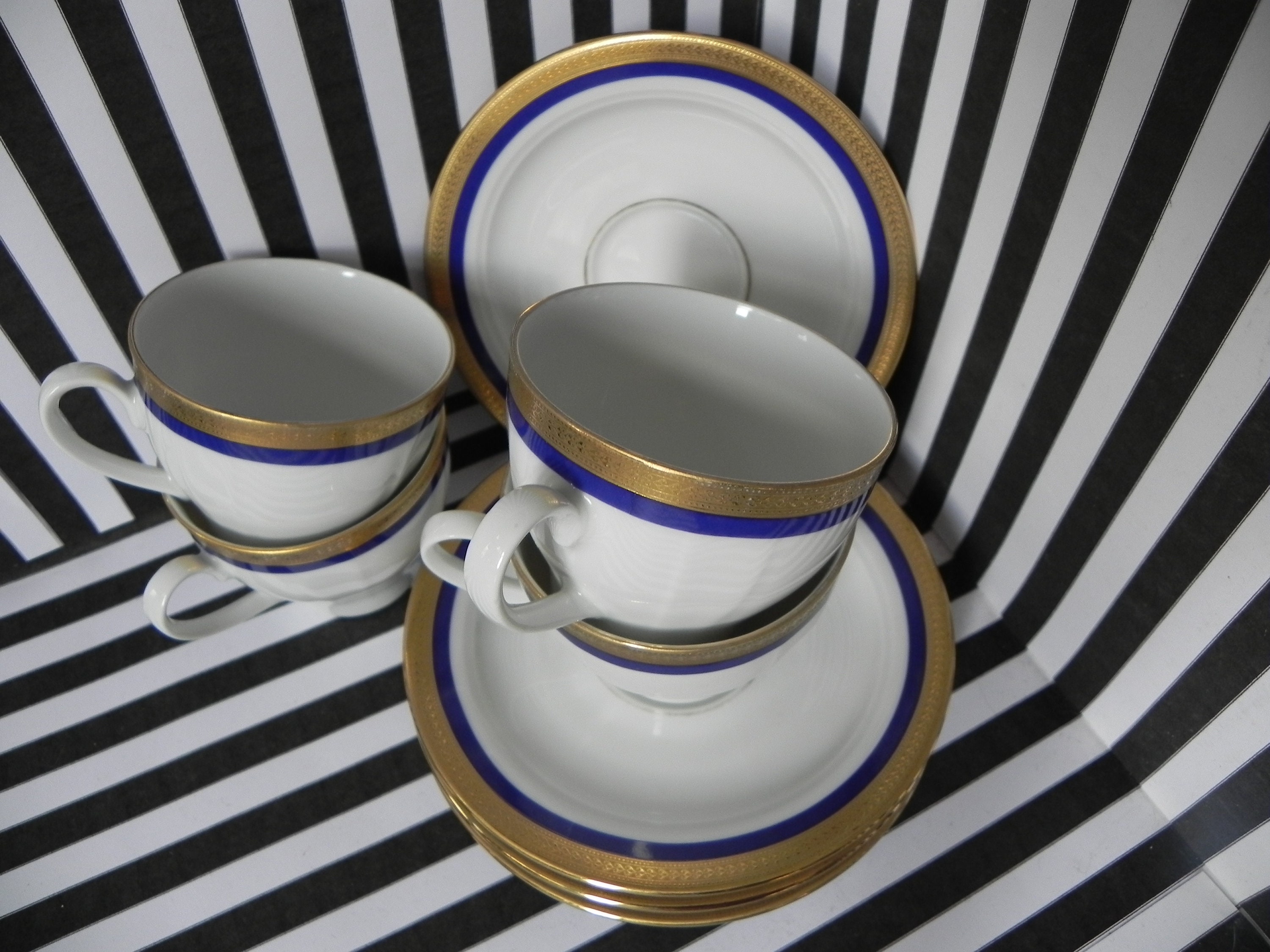 Vintage 1960's Eschenbach Tea Cups and Sugar Bowl. White With Cobalt ...