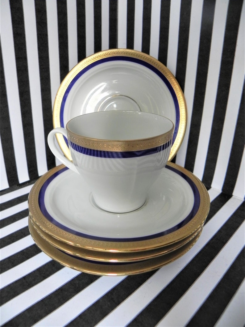Vintage 1960's Eschenbach Tea Cups and Sugar Bowl. White With Cobalt ...