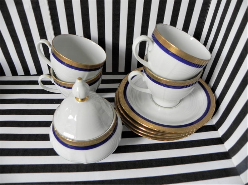 Vintage 1960's Eschenbach Tea Cups and Sugar Bowl. White With Cobalt ...