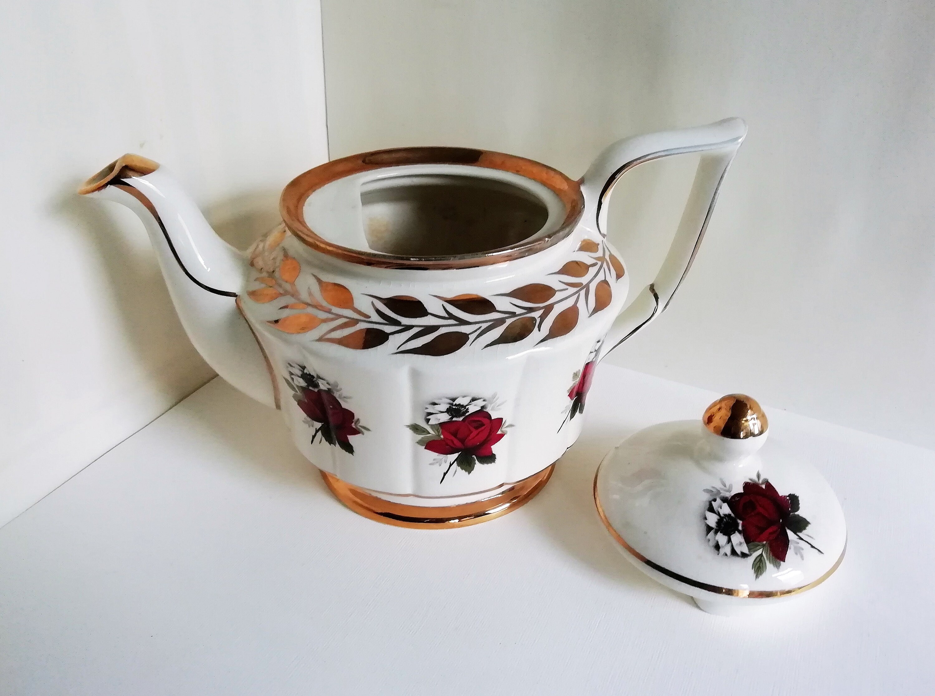 Buy Vintage Arthur Wood Teapot . With Gold Leaves and Red Roses. 1940's ...