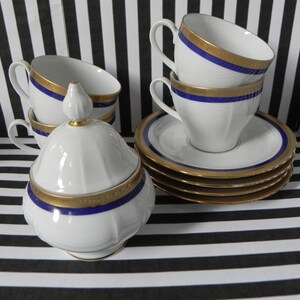 Vintage 1960's Eschenbach Tea Cups and Sugar Bowl. White With Cobalt ...
