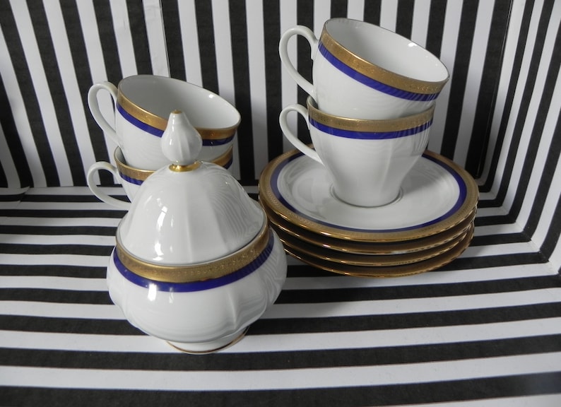 Vintage 1960's Eschenbach Tea Cups and Sugar Bowl. White With Cobalt ...