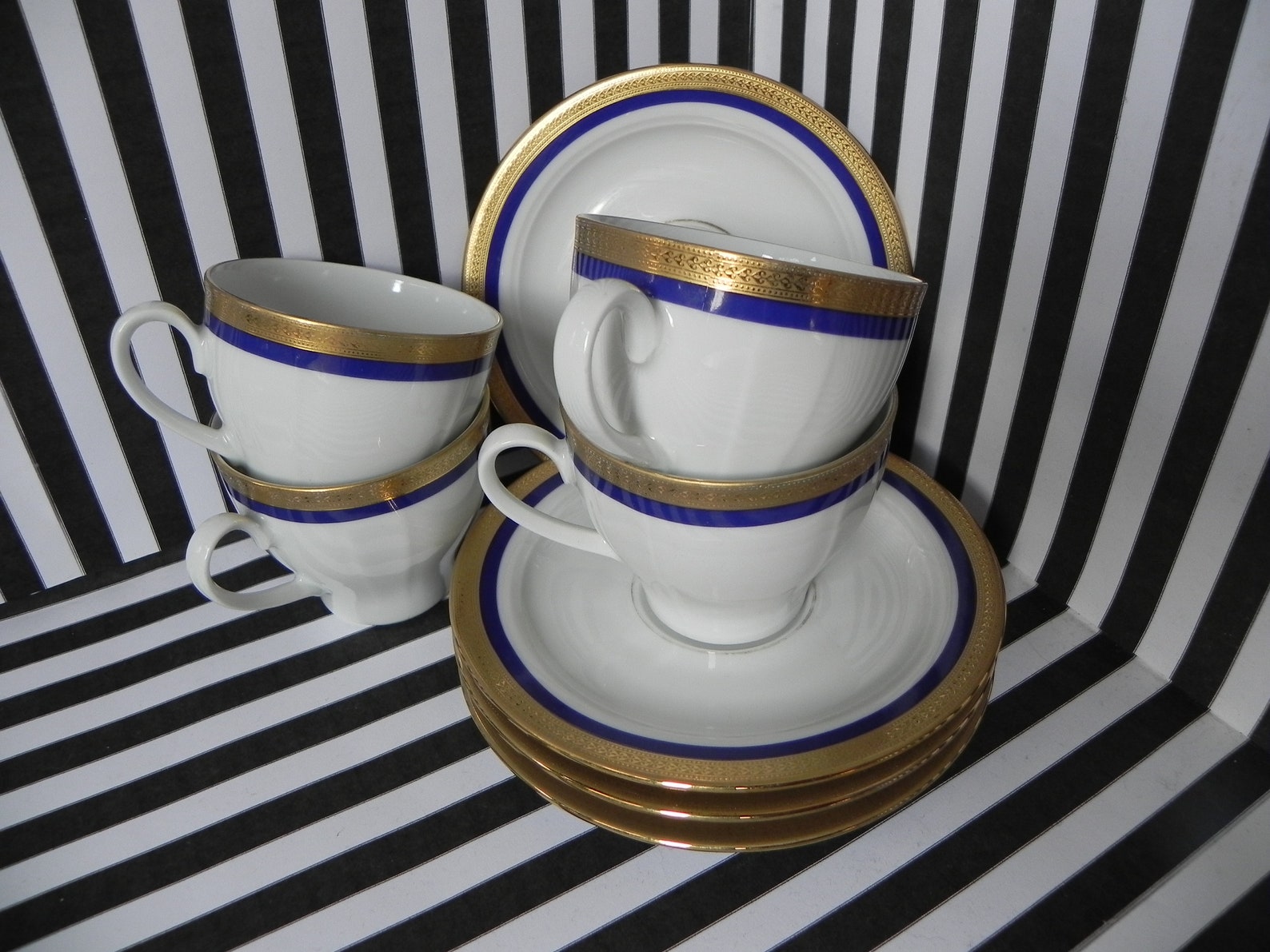 Vintage 1960's Eschenbach Tea Cups and Sugar Bowl. White With Cobalt ...