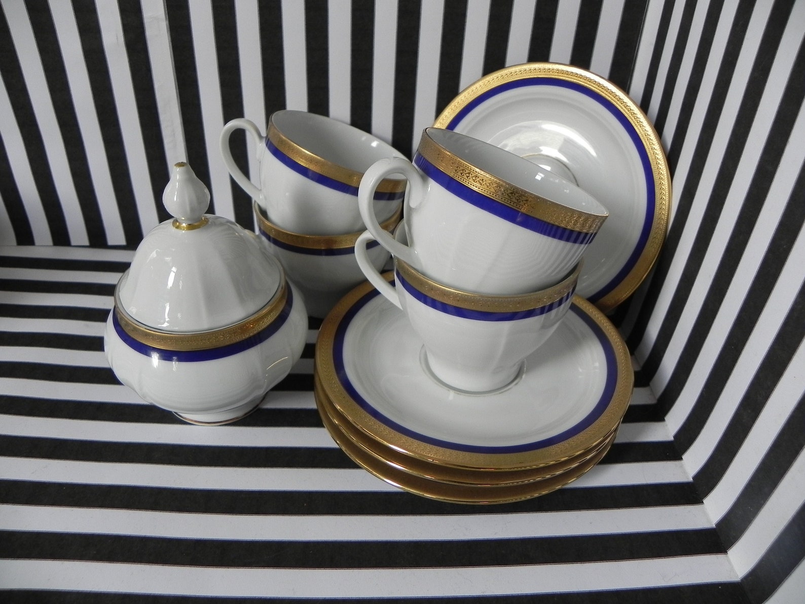Vintage 1960's Eschenbach Tea Cups and Sugar Bowl. White With Cobalt ...