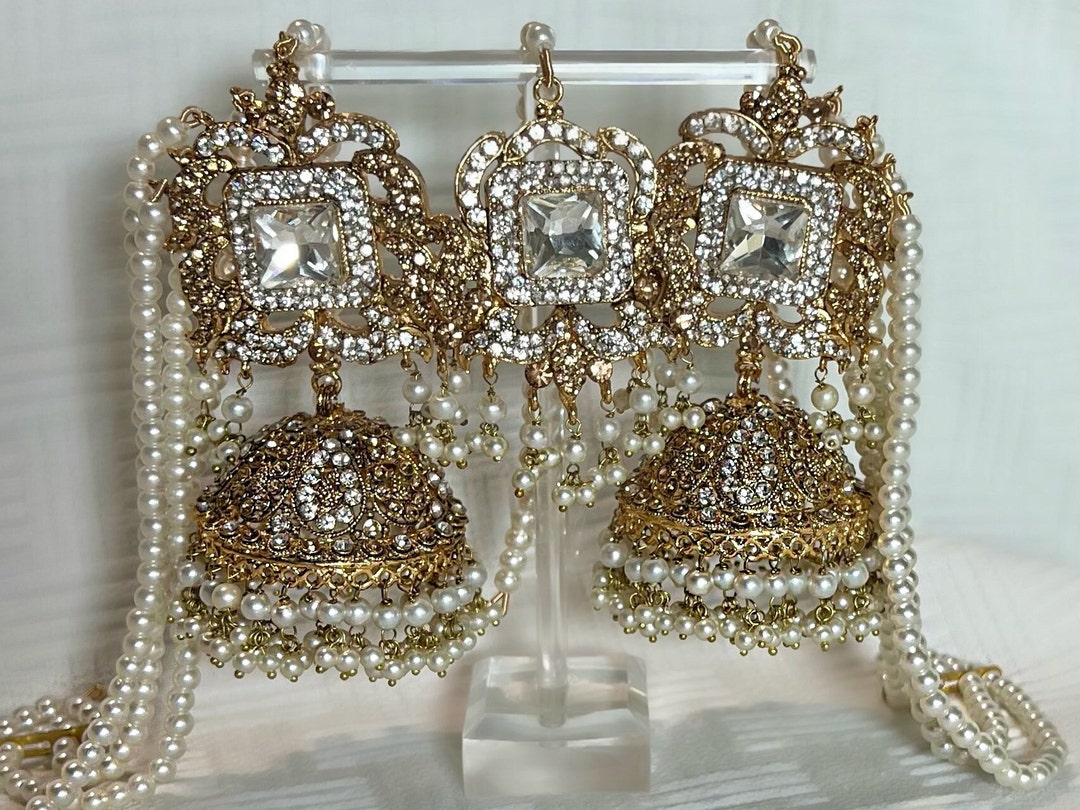 Bahubali Earrings | 3 Three Piece Indian/ Bollywood Jewelry | Pakistani Jhumka Earrings With ...