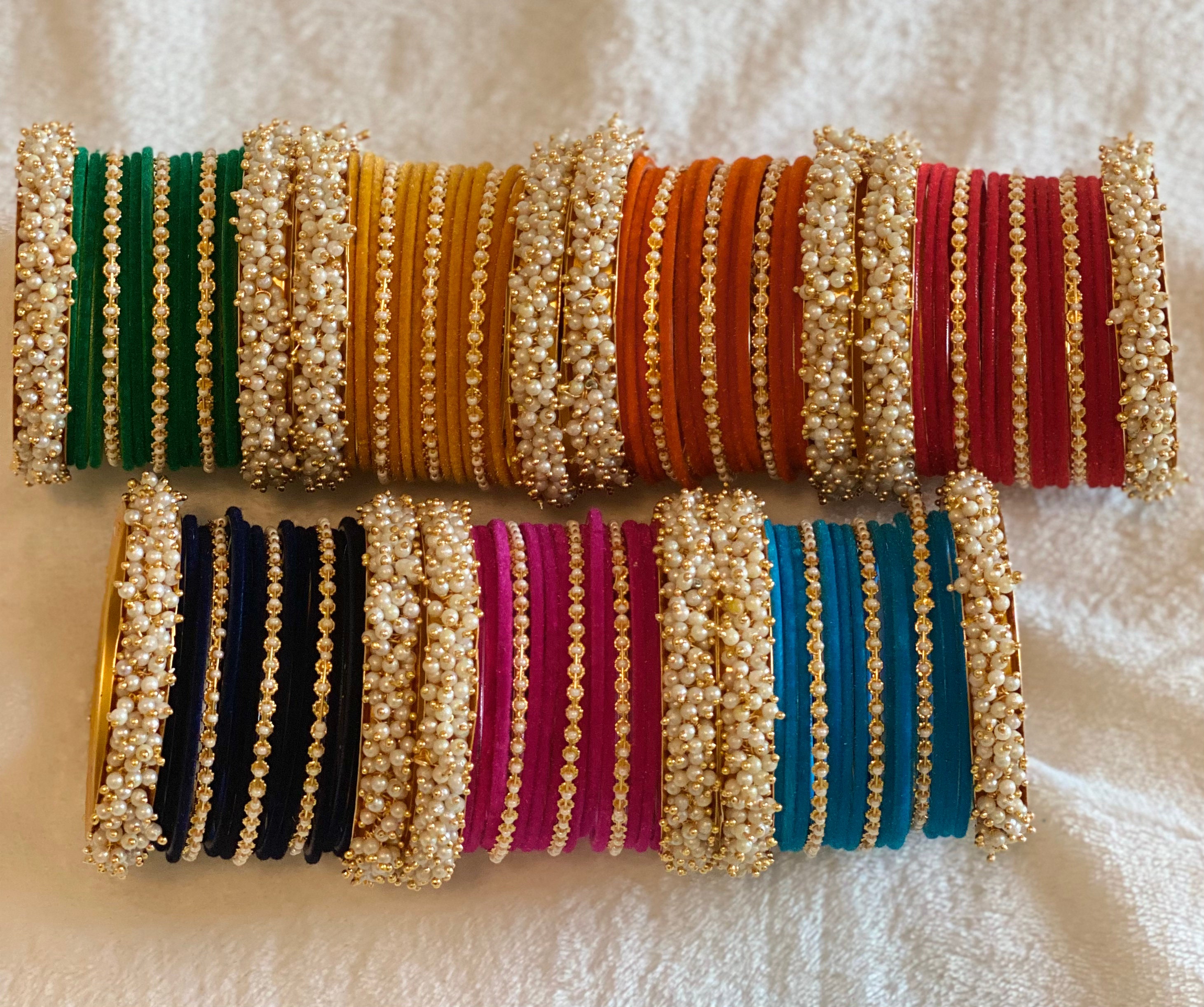 Velvet Glass Indian Bangles, Churiyan With Pearl Kada, Indian Pakistani ...