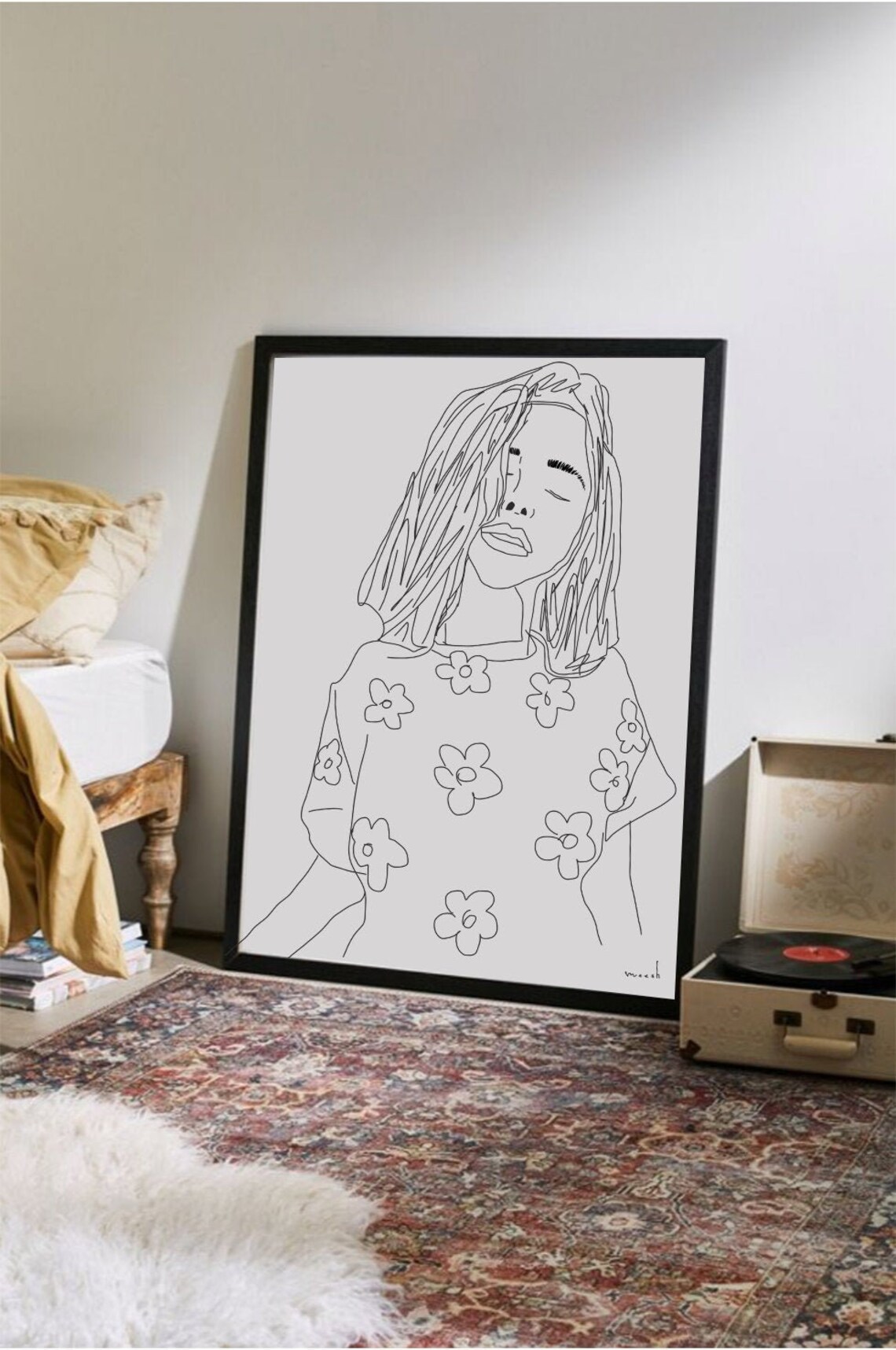 Girl, Flowers, Printable Line Drawing, Print Poster, Minimalist Art ...