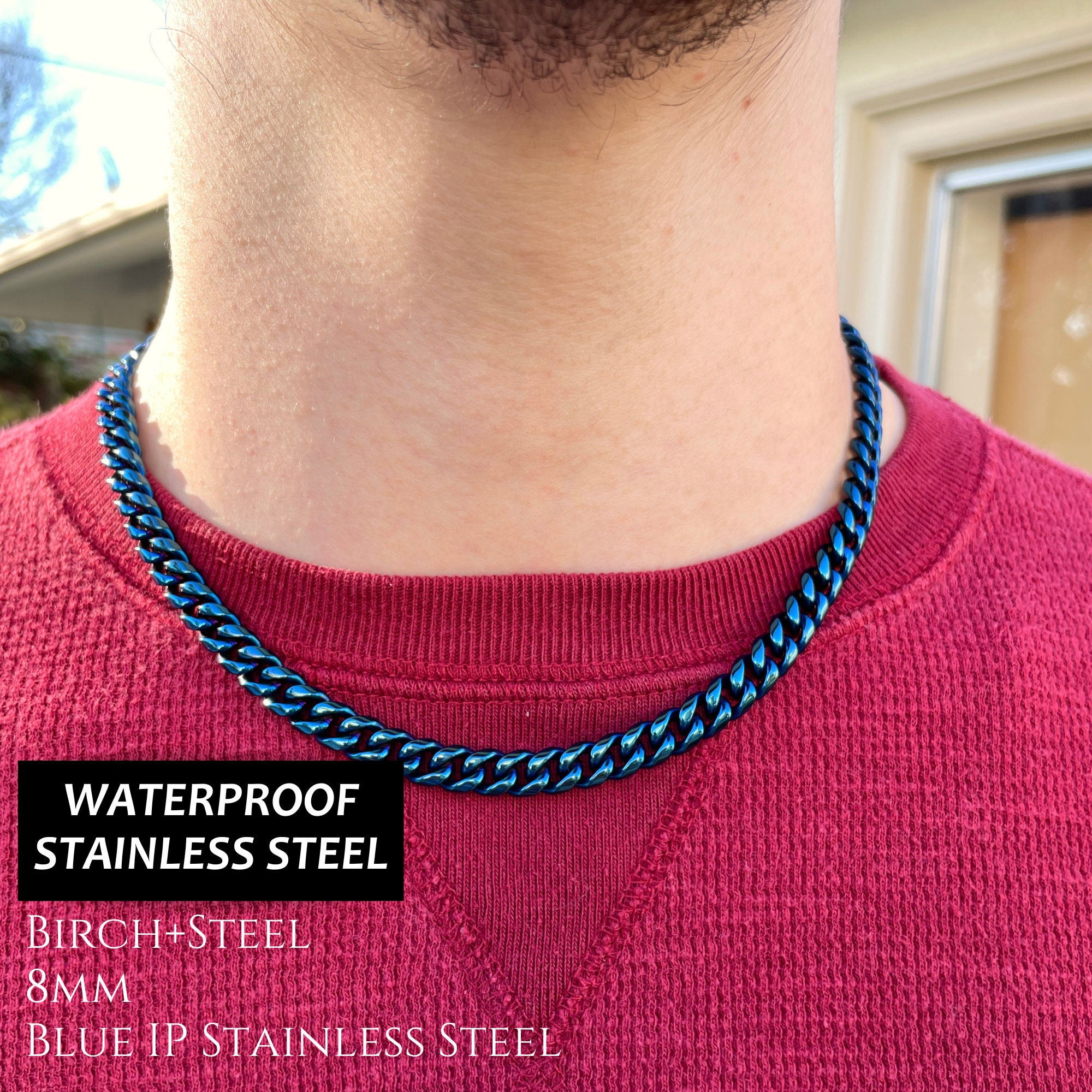 8mm Blue Stainless Steel Chain Necklace Blue Stainless Non Tarnish Waterproof Hypoallergenic Cuban Link Chain Blue Chain Choker 14 to 22