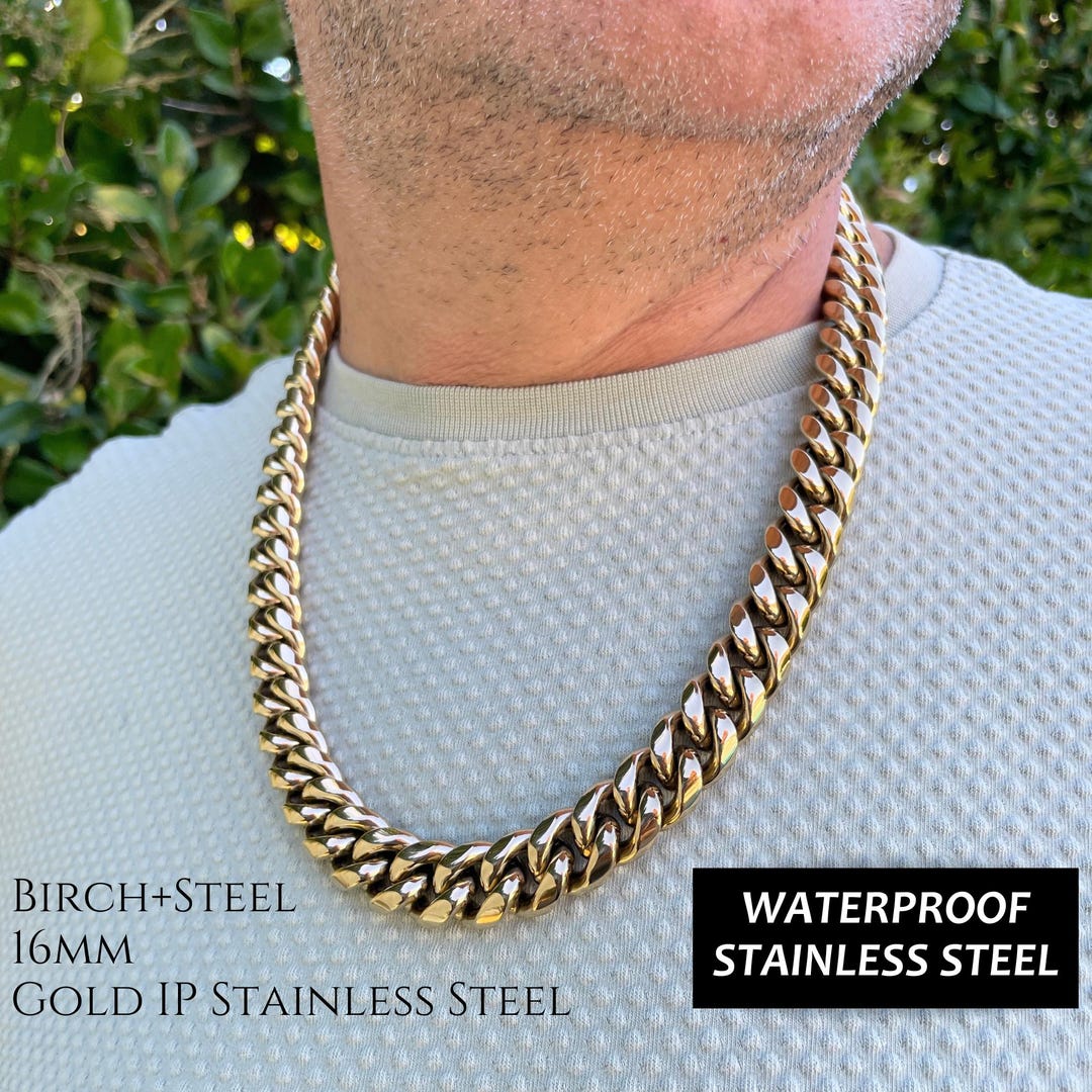 16mm Wide Gold Ion Plated 316L Solid Stainless Steel Cuban Link Chain ...