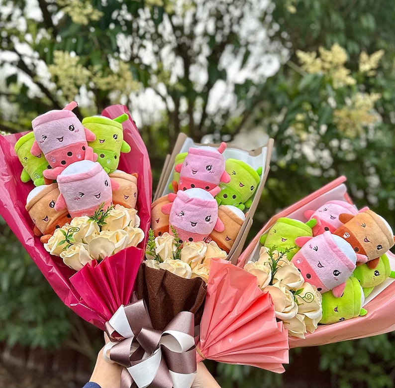 Cute Boba Bubble Milk Tea Plushie Toy Soap Cream Rose Flower Bouquet ...