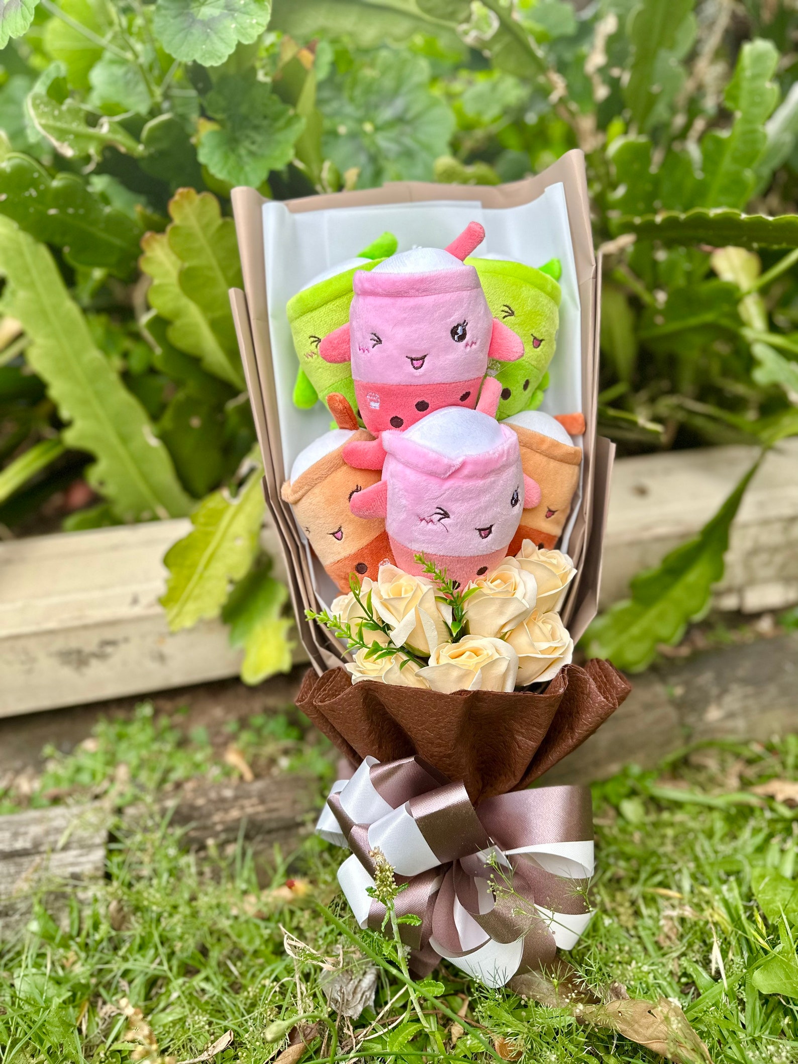 Cute Boba Bubble Milk Tea Plushie Toy Soap Cream Rose Flower Bouquet ...