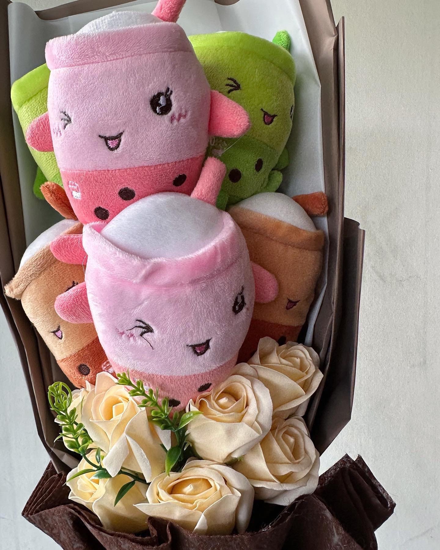 Cute Boba Bubble Milk Tea Plushie Toy Soap Cream Rose Flower Bouquet ...