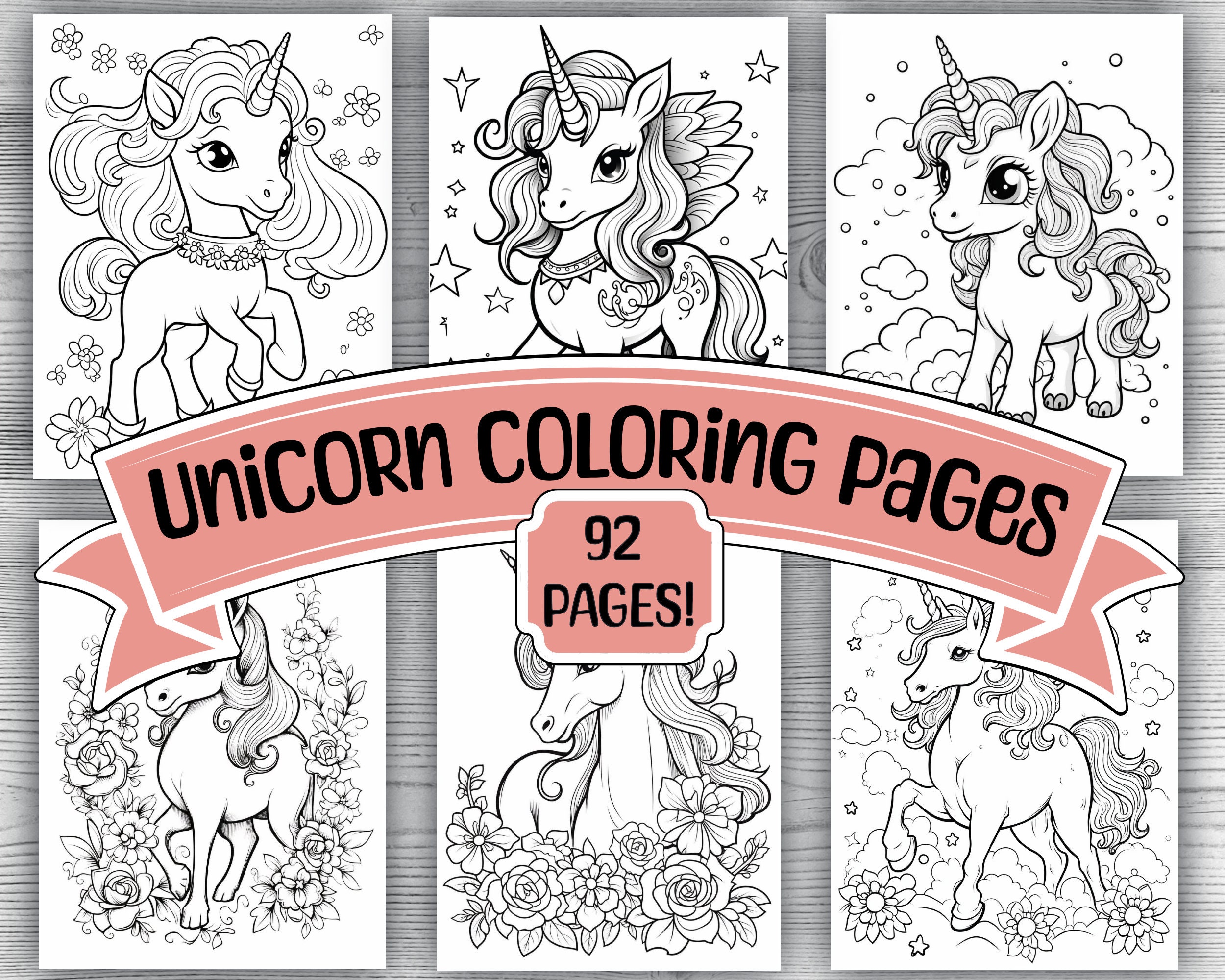 92 Cute Unicorns Digital Coloring Book, Realistic Fantasy Unicorn ...