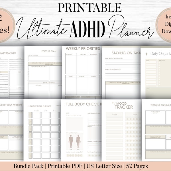 ADHD Bundle 52 Pages Printable ADHD Planner Digital ADHD Journal for ...