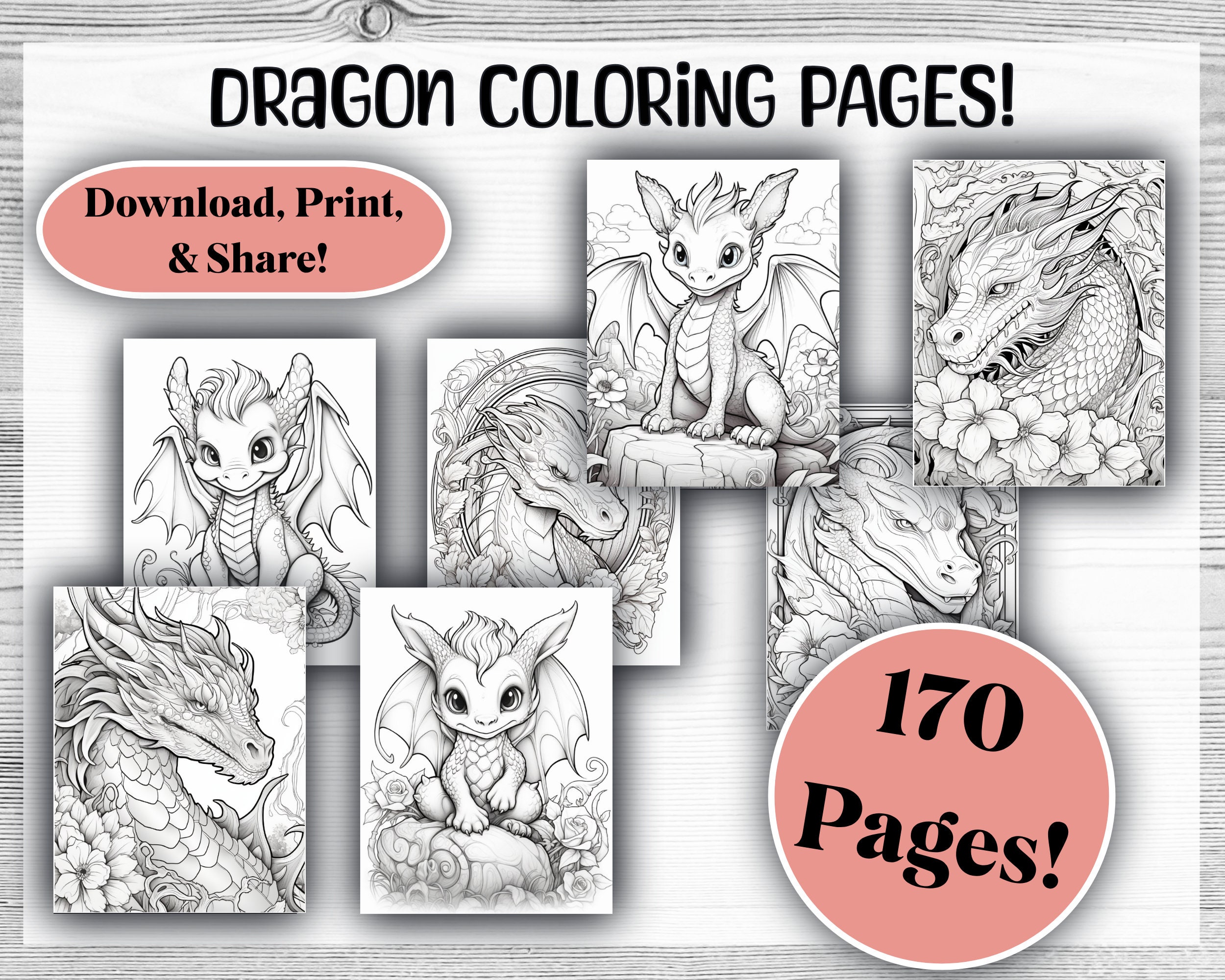170 Cute Dragon Coloring Pages | Fantasy Dragon Printable Digital ...