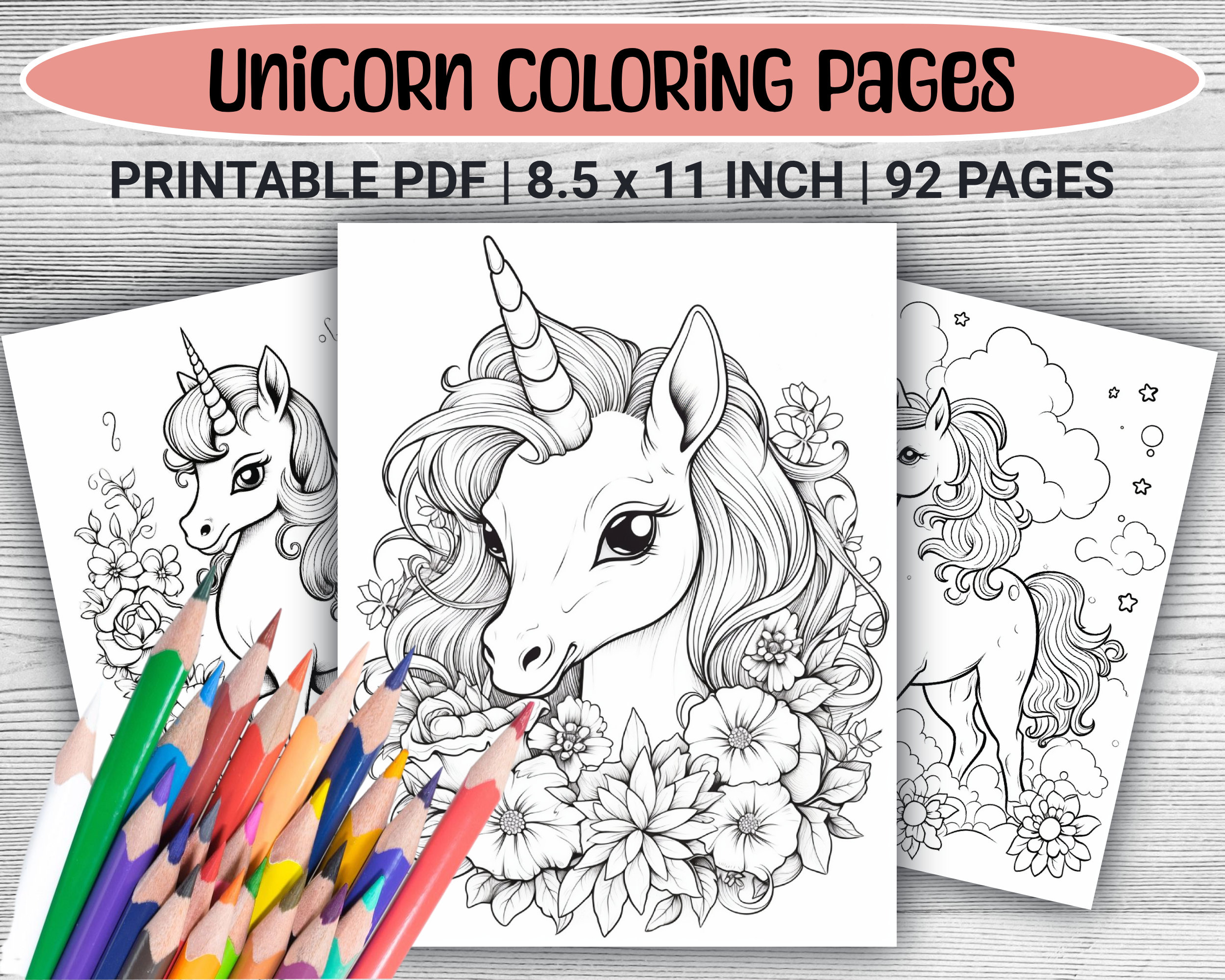 92 Cute Unicorns Digital Coloring Book, Realistic Fantasy Unicorn ...