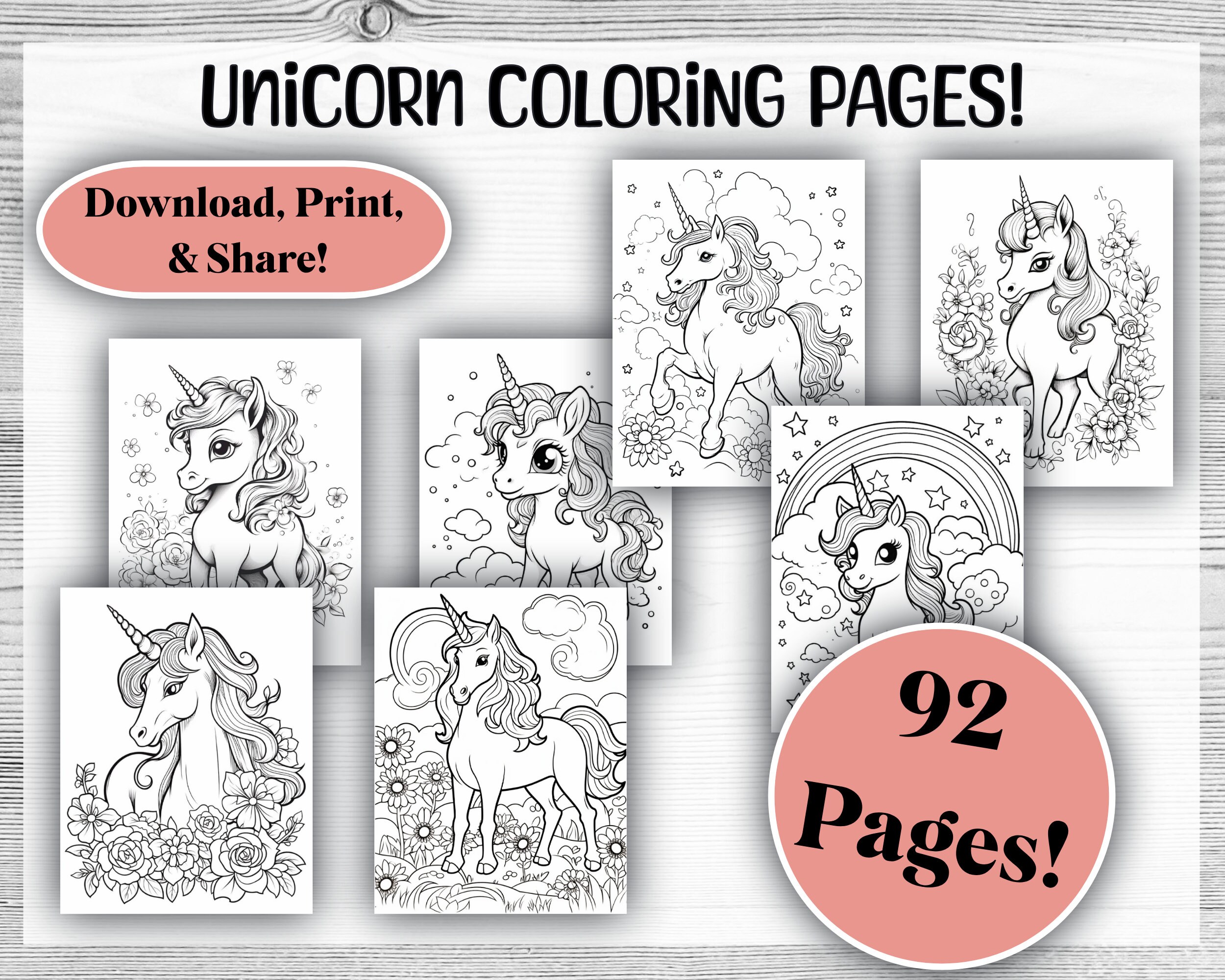 92 Cute Unicorns Digital Coloring Book, Realistic Fantasy Unicorn ...
