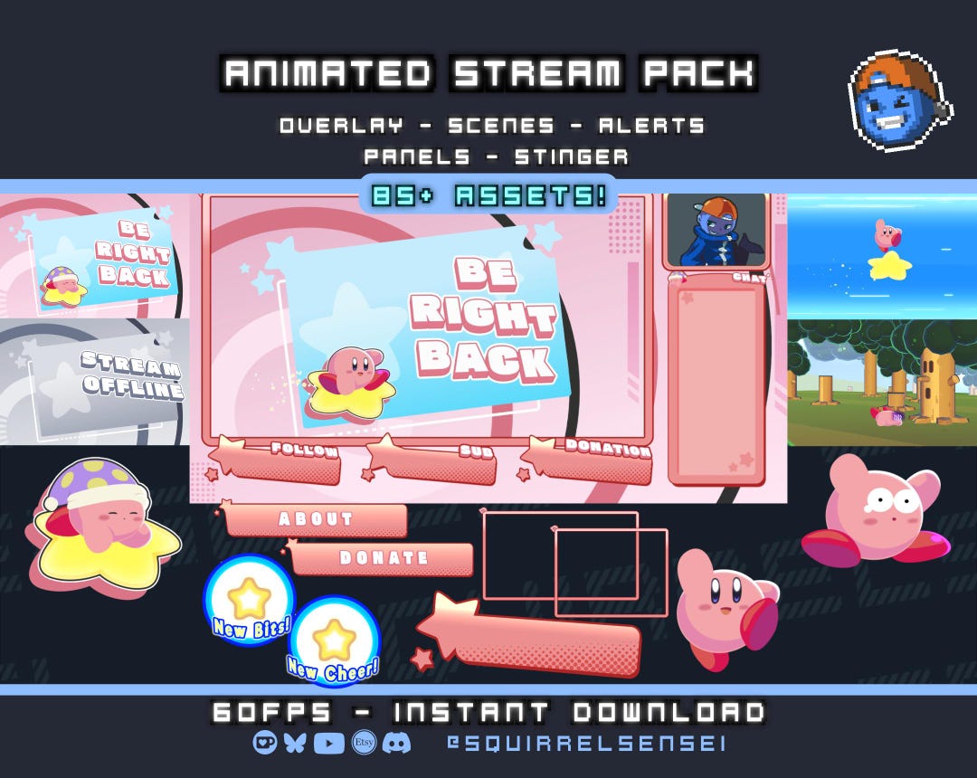 Kirby Animated Twitch Stream Pack | Pink Pastel Overlay, Alerts, Scenes ...