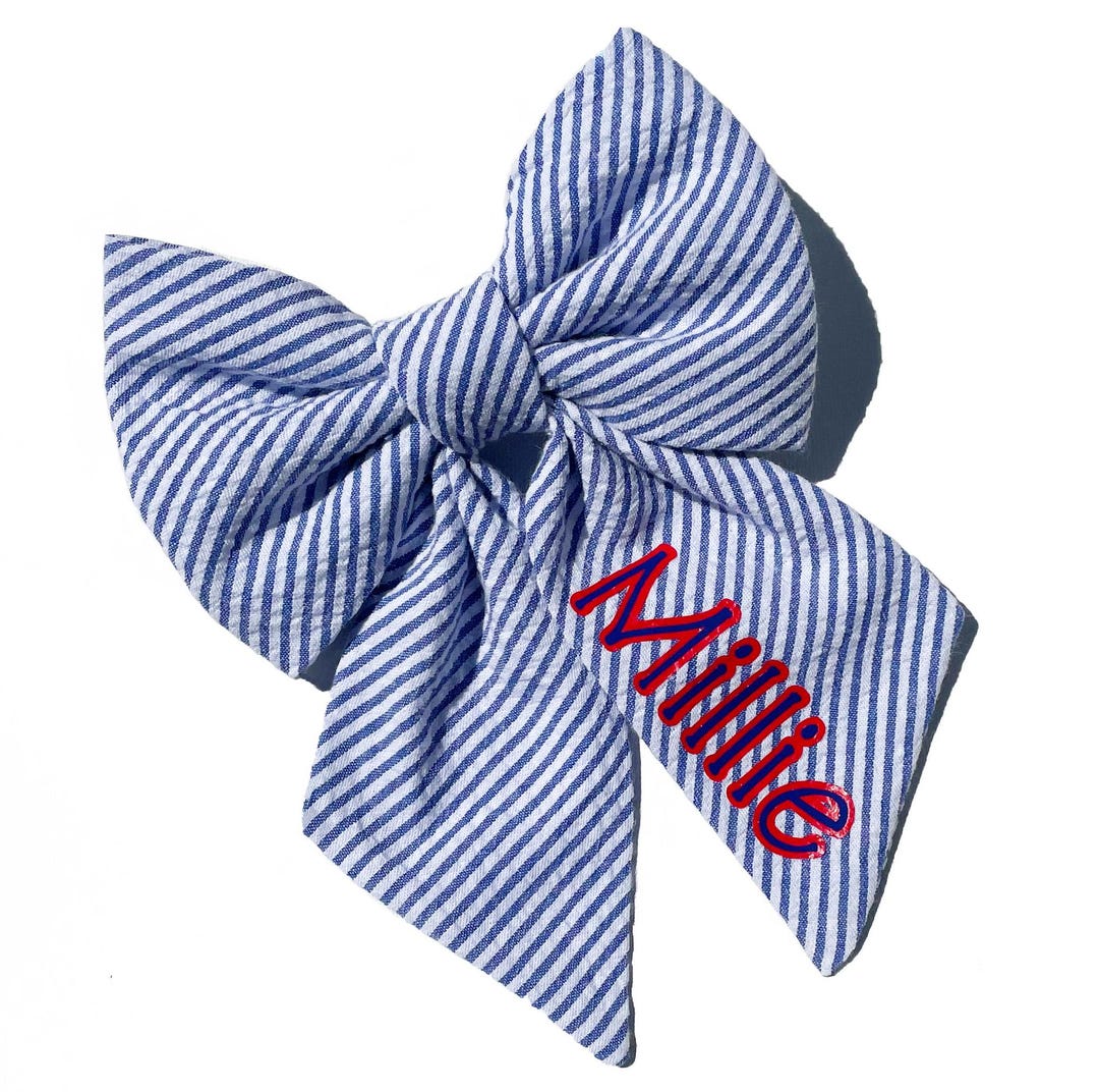 Blue Seersucker Dog Bow-personalized Summer Dog Bow-beach Wedding Dog ...