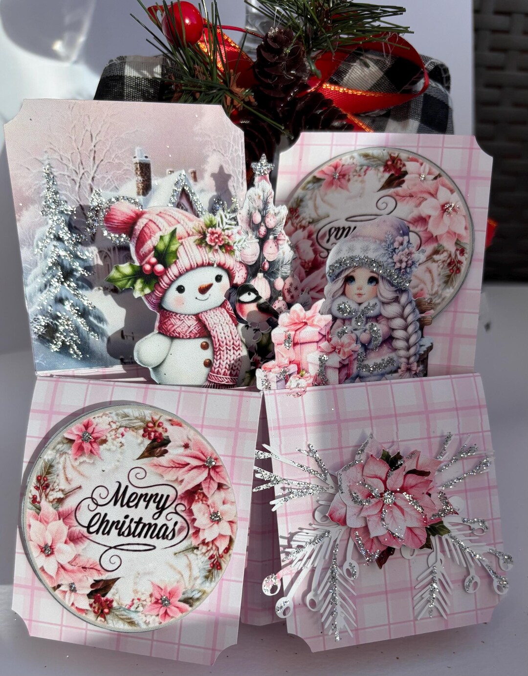 3D Winter Pop-up Card – Cute Snow Girl, Snowman & Cat, Pink Christmas ...