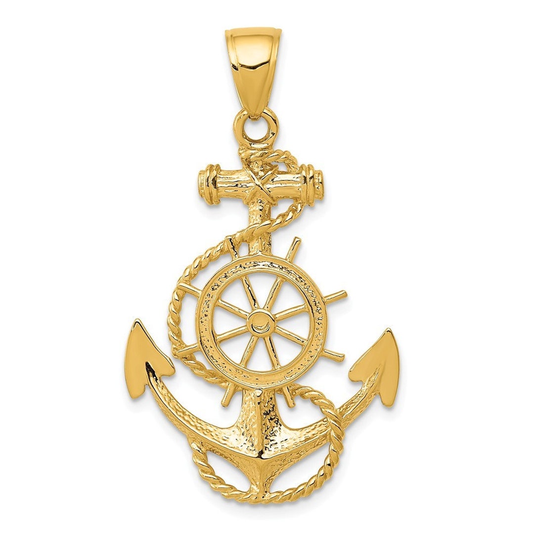 10K Yellow Gold Large Anchor With Wheel Pendant - Etsy