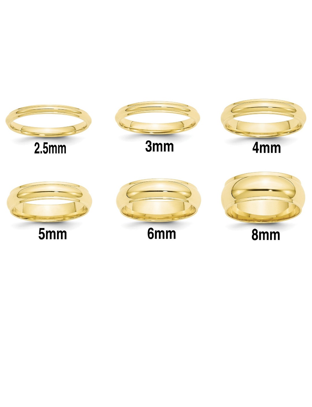 14K Solid Yellow Gold Flat Edge Half Round Style Wedding Bands With ...