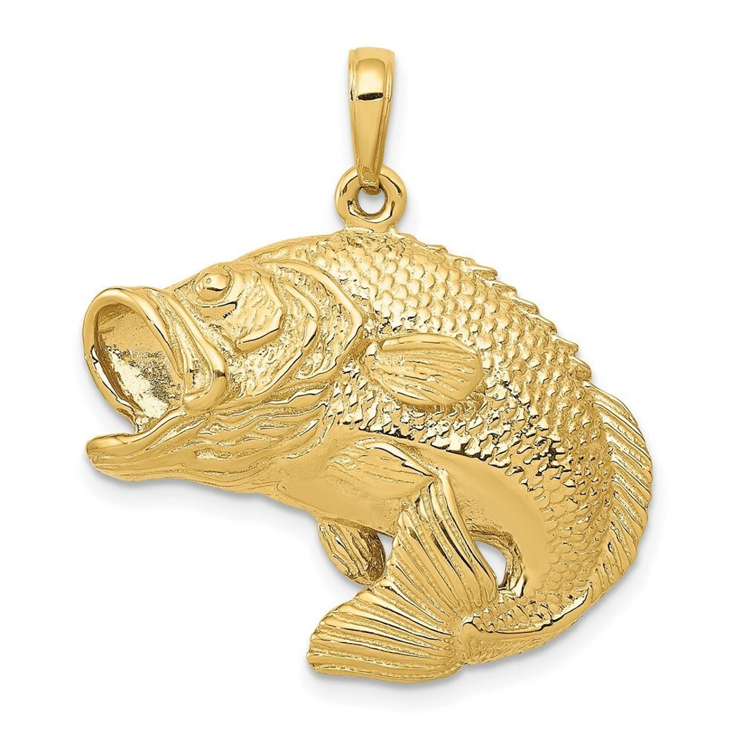 14K Yellow Gold Bass Fish Jumping Pendant - Etsy