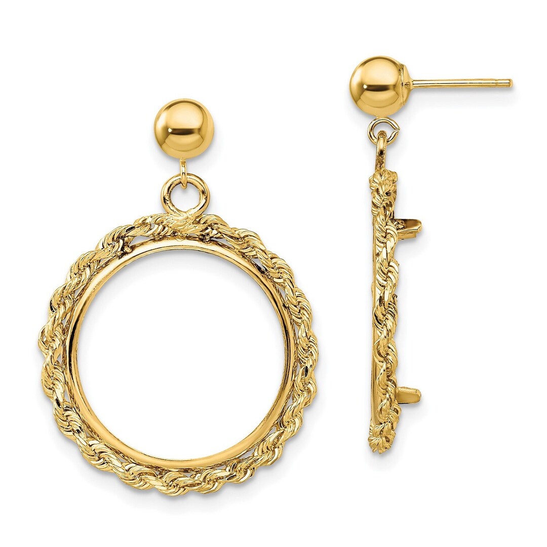 14K Gold Classic Rope Border Style Coin Bezel Post Dangle Earrings for ...