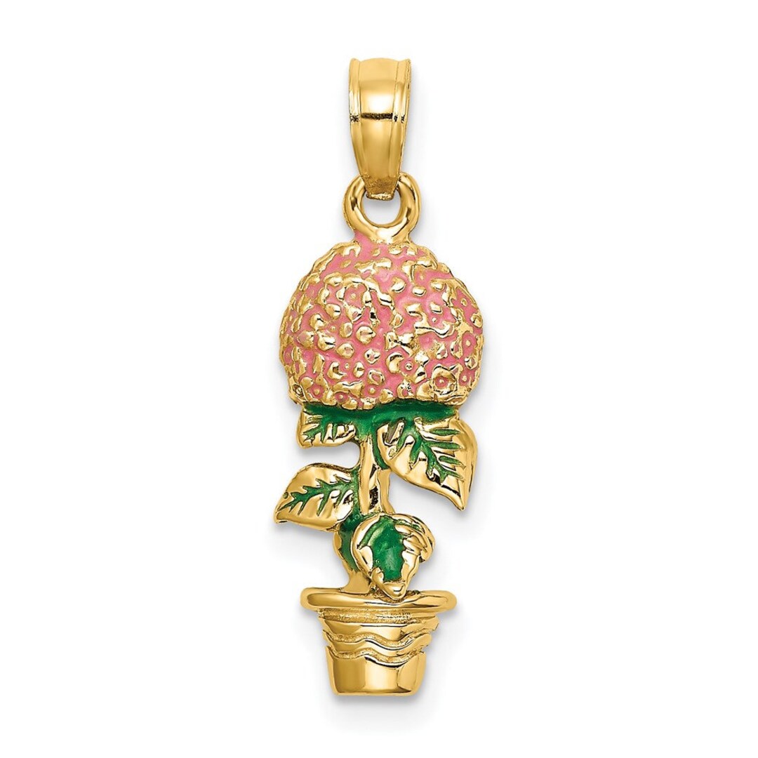 14K Yellow Gold 3-D Pink Hydrangea Flowers in Pot Charm - Etsy