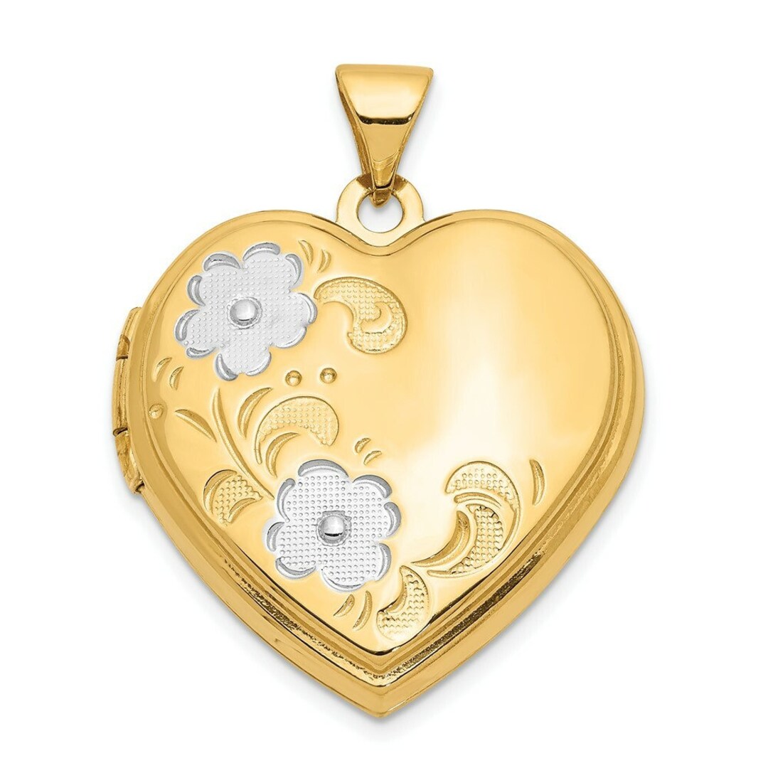 14K Yellow Gold Two-tone Floral Heart Locket 26x22mm - Etsy