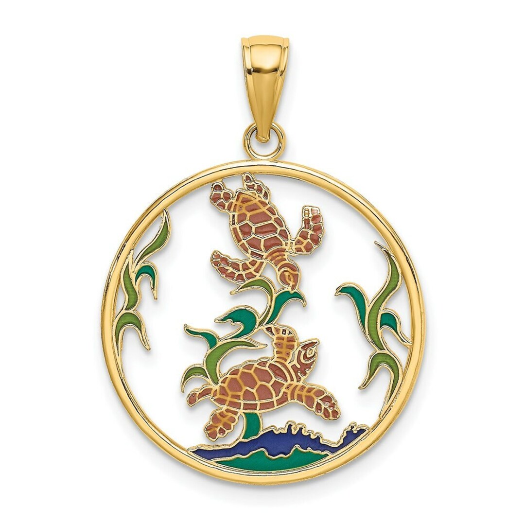 14K Yellow Gold Enamel Sea Turtles in Circle Charm - Etsy