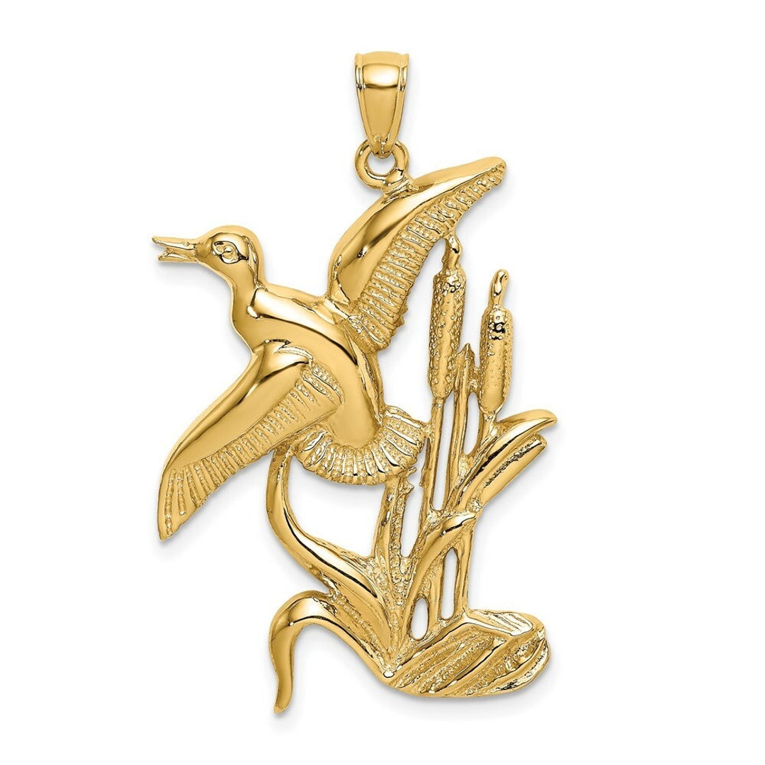 14K Yellow Gold 2-D Duck Flying From Willow Charm Pendant - Etsy
