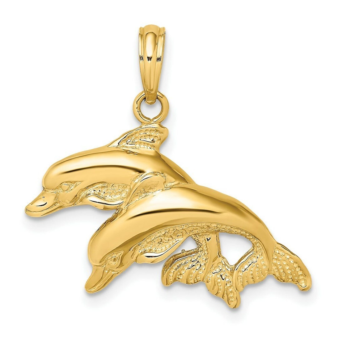14K Yellow Gold 2-D Polished Double Dolphins Charm - Etsy