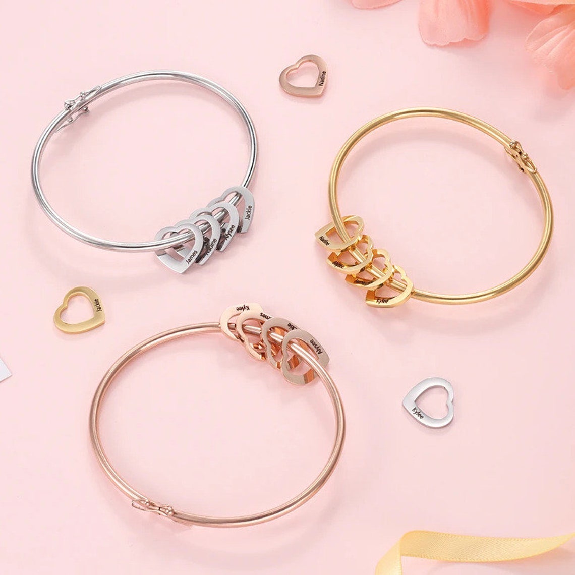 Custom Engravable Floating Heart Charm Bracelet in Yellow | Etsy