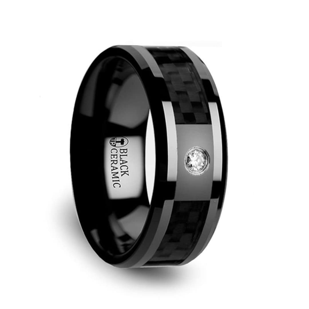 ANGUS Black Ceramic Ring With White Diamond Wedding Band and Black ...