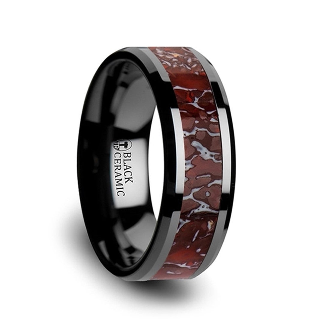 TRIASSIC Red Dinosaur Bone Inlaid Black Ceramic Beveled Edged Ring 4mm ...