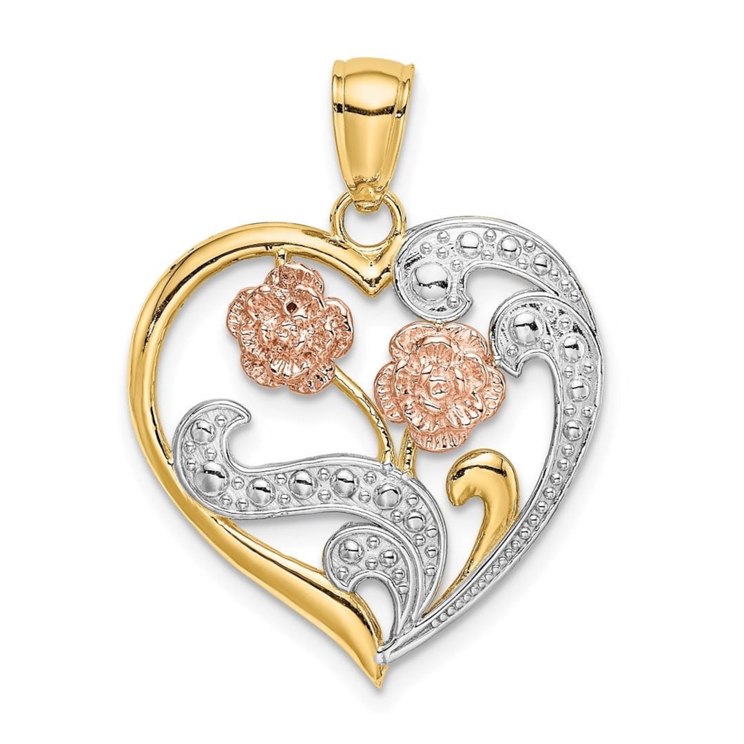 14K Tri-color Gold Flower Heart Charm Pendant - Etsy