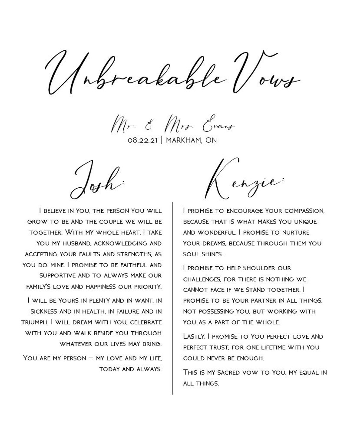 Personalized Wedding Vows Customized Printed Unbreakable | Etsy