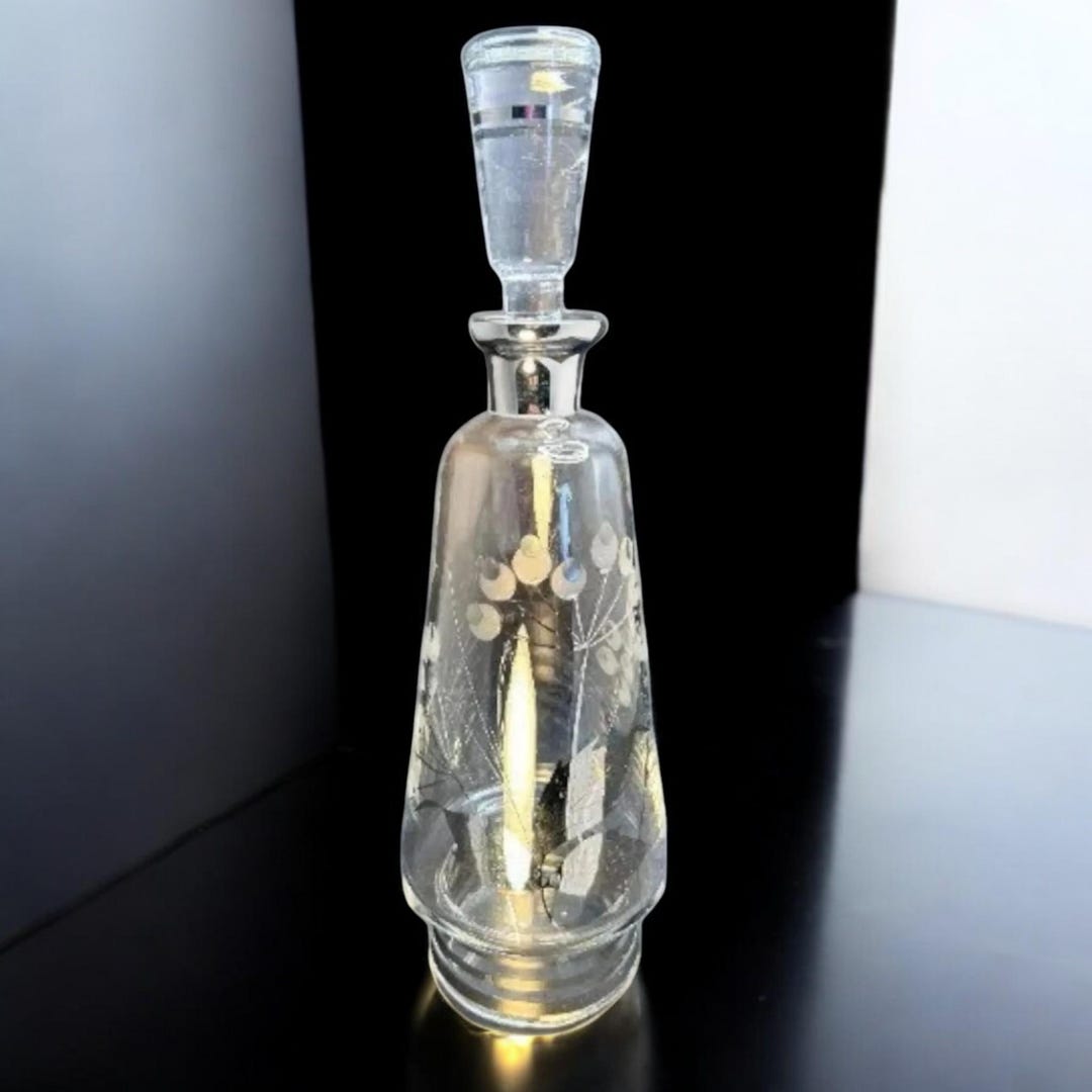 Art Deco Style Decanter Extensive Silver Inlay Glass Stopper Floral ...