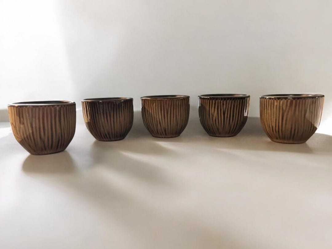 Vintage Set of Five Ceramic Sake Cups Black With Brown Ribbing Japanese ...