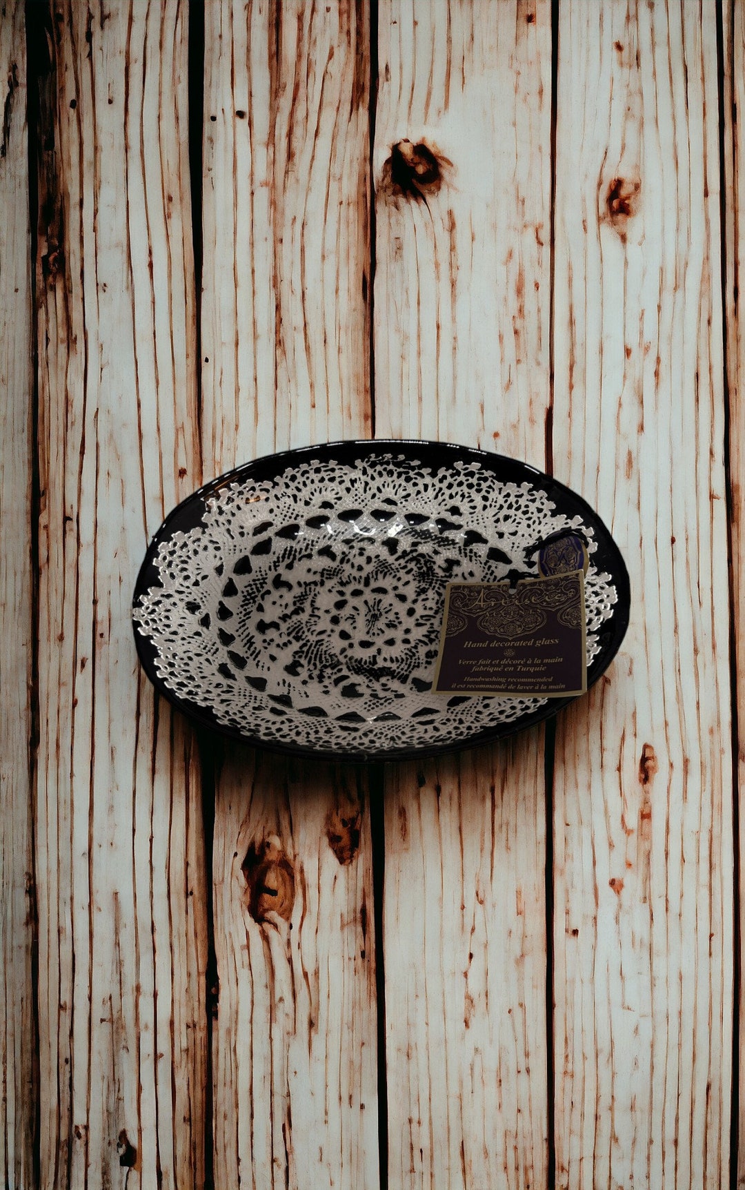 Turkish Glass Hand Decorated Raised Lace Design Oval Glass Bowl Trinket ...