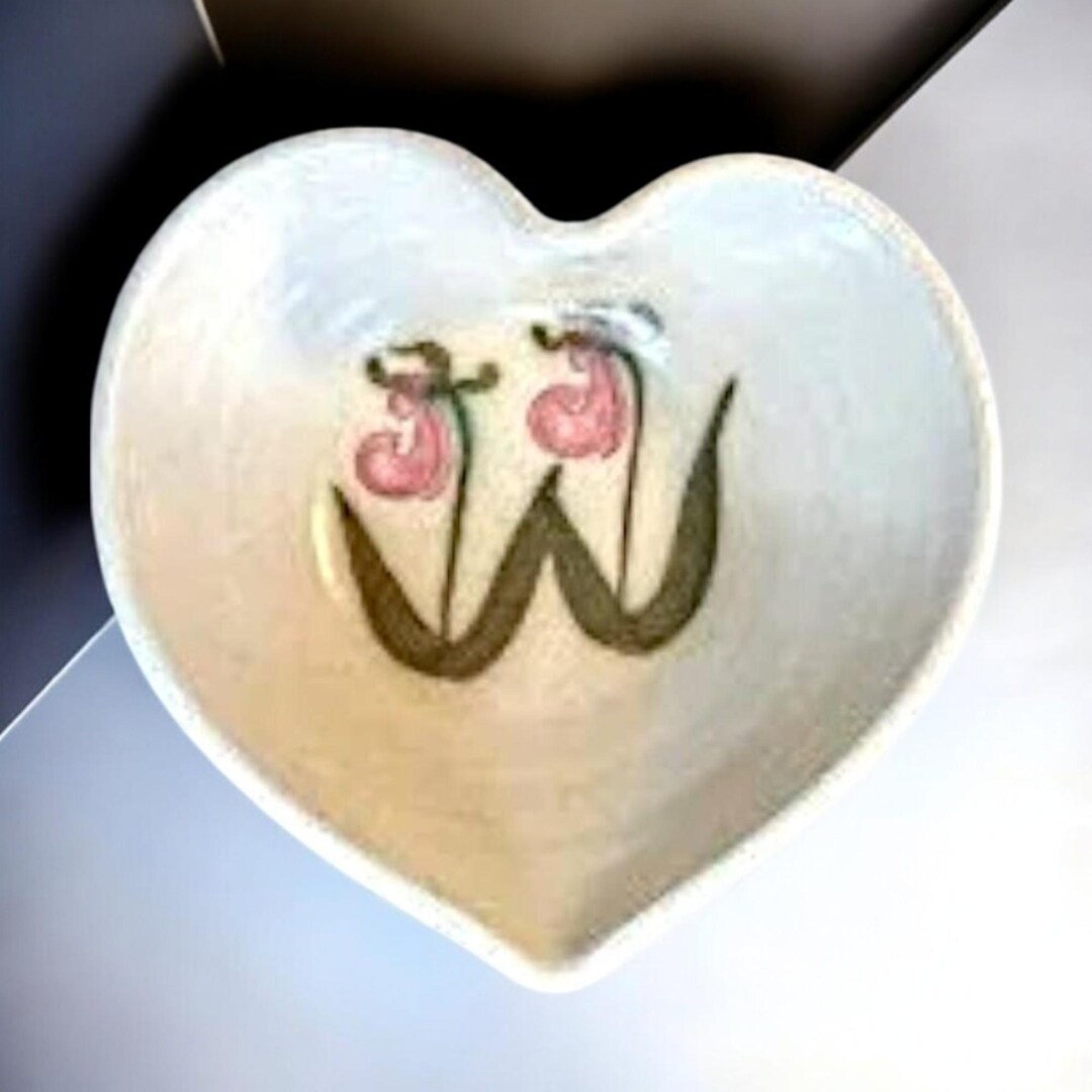 Signed Suzi Heart Shaped Pottery Art Bowl Large Hand Painted With ...